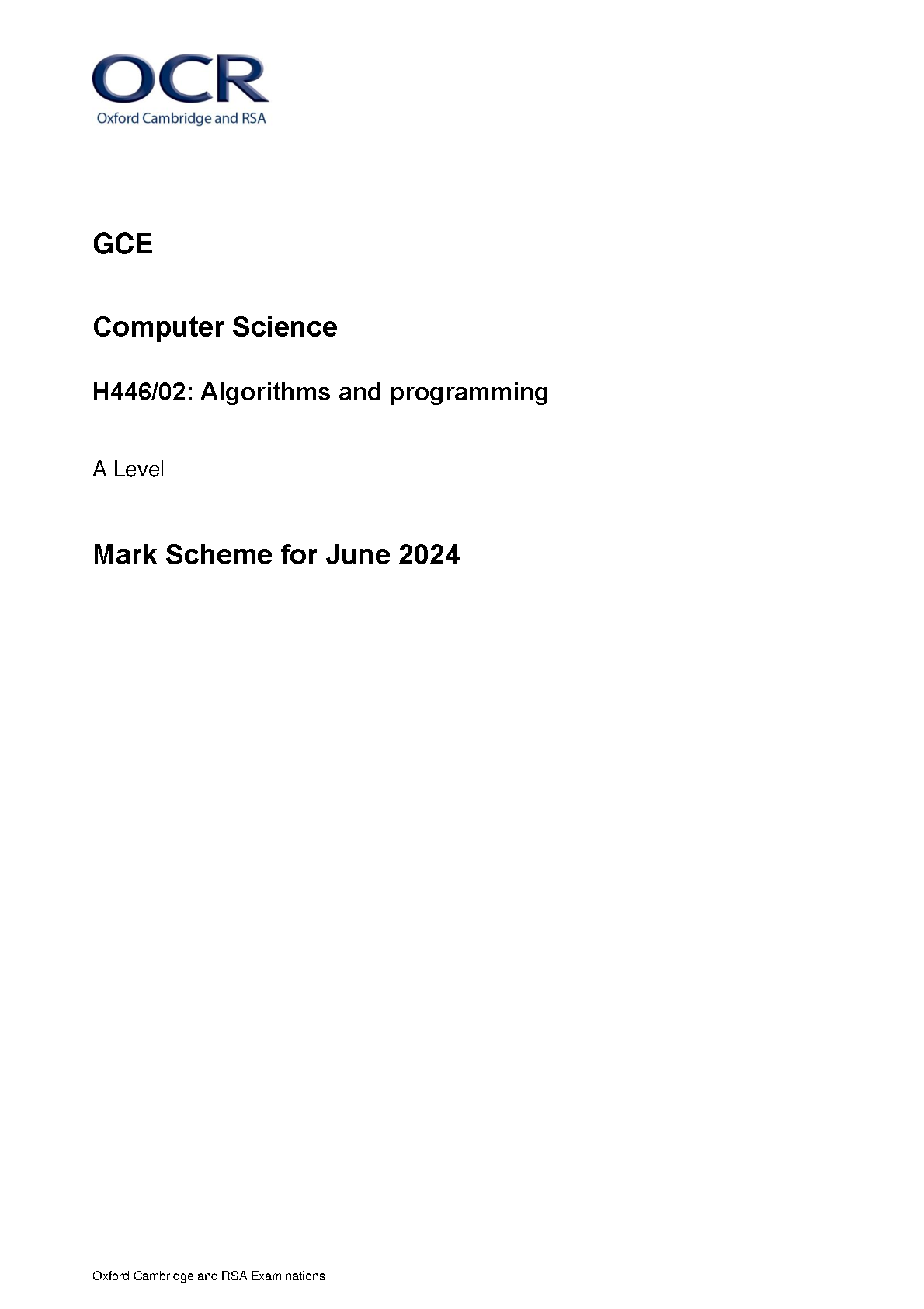 2024 Ocr A Level Computer Science Mark Scheme Paper 2 H44602 Algorithms And Programming