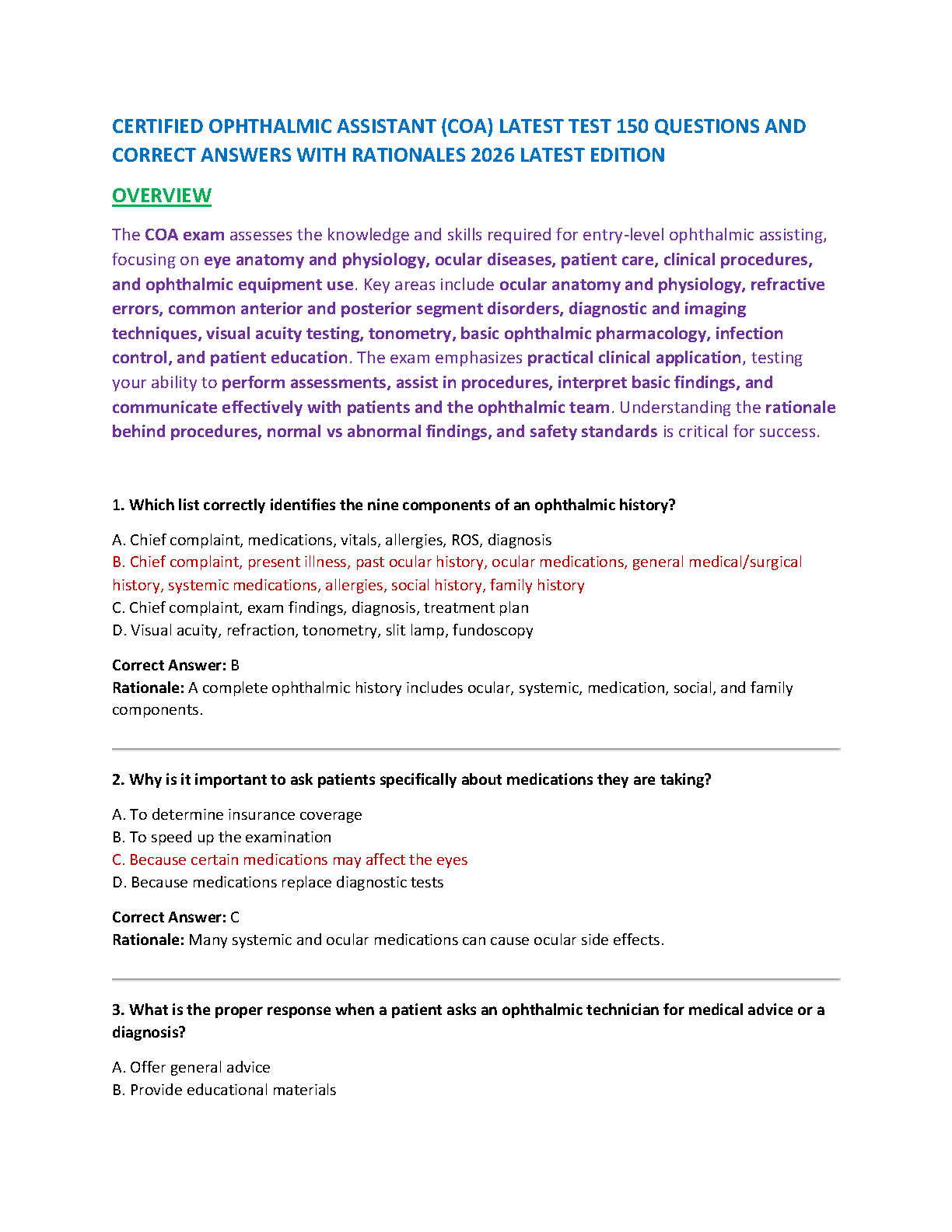 Certified Ophthalmic Assistant (COA) Exam Test Bank 2026: 150 Practice ...