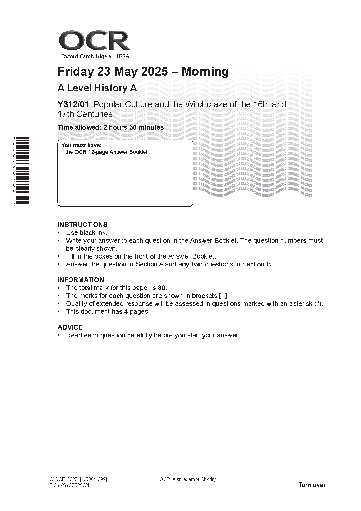 2025 OCR A Level History A Paper 1 (Y312/01 Popular Culture and the ...