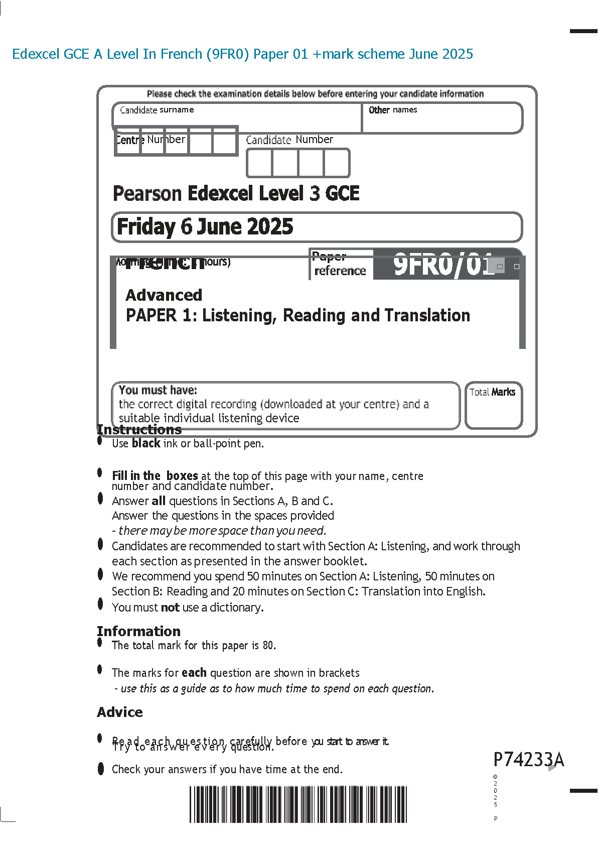 Edexcel A Level French Paper 1 (9FR0/01) June 2025 Question Paper and ...