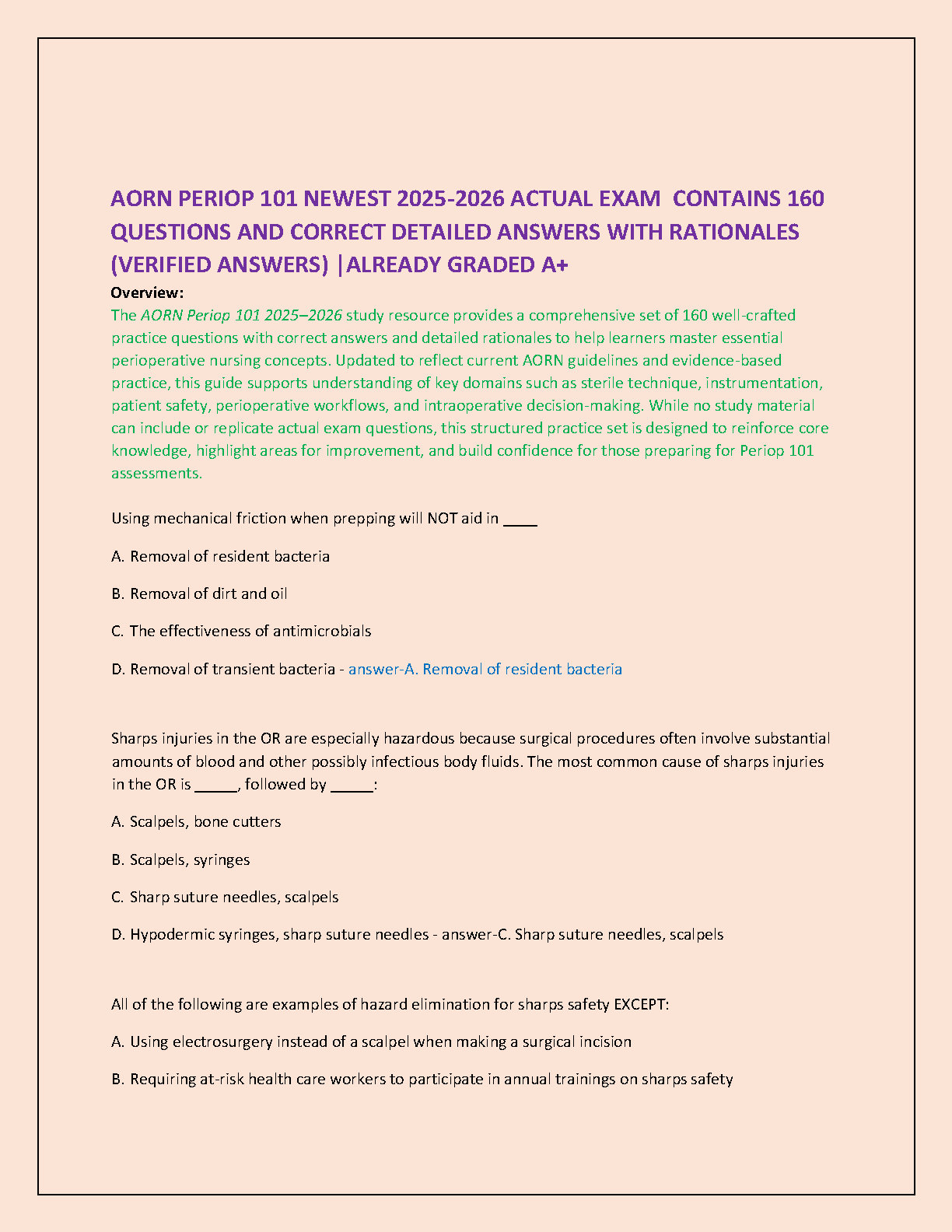 AORN Periop 101 Test Bank 2025-2026 Edition | 160 Exam Questions with ...