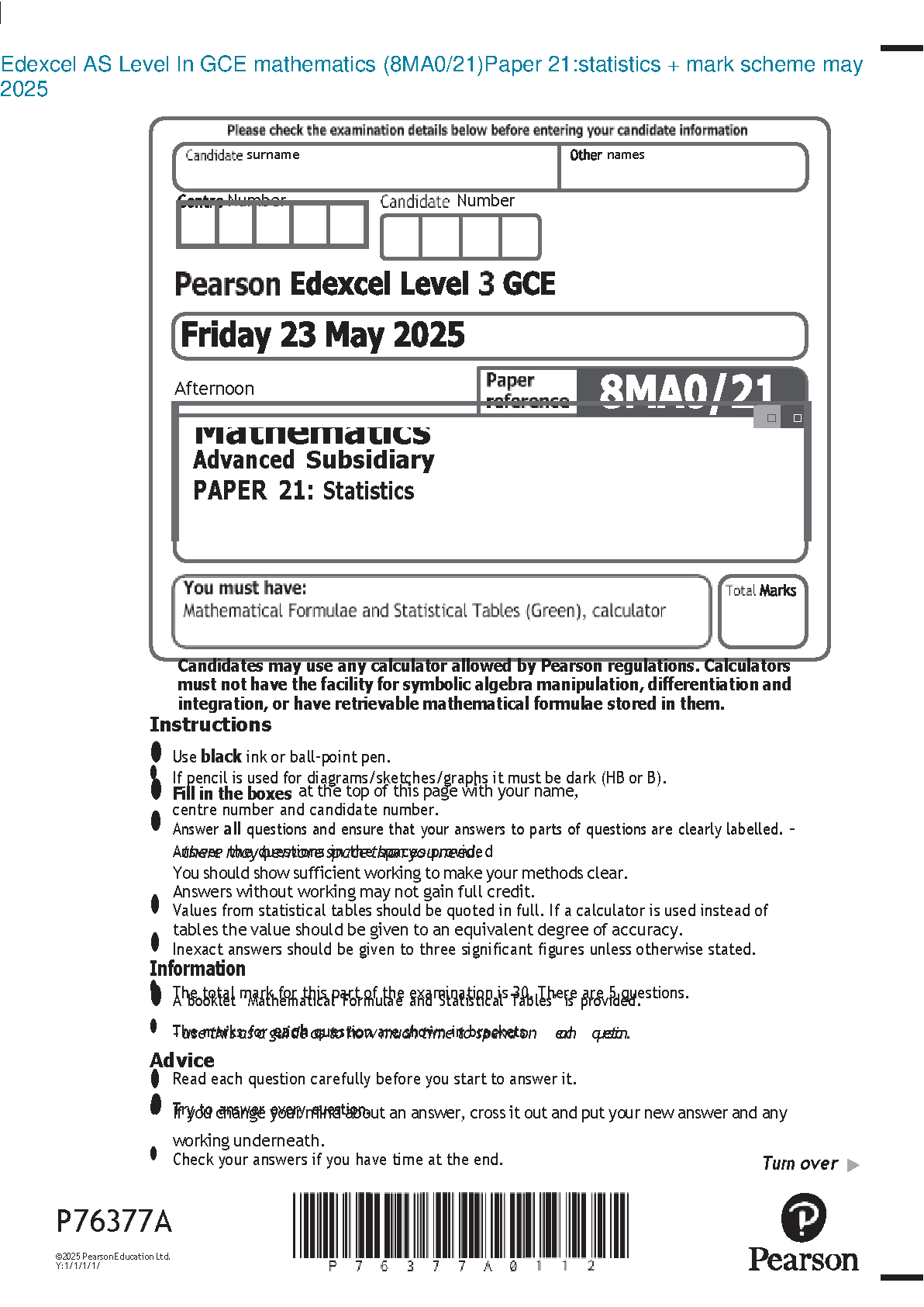 Pearson Edexcel AS Level Mathematics Paper 21: Statistics (8MA0/21 ...