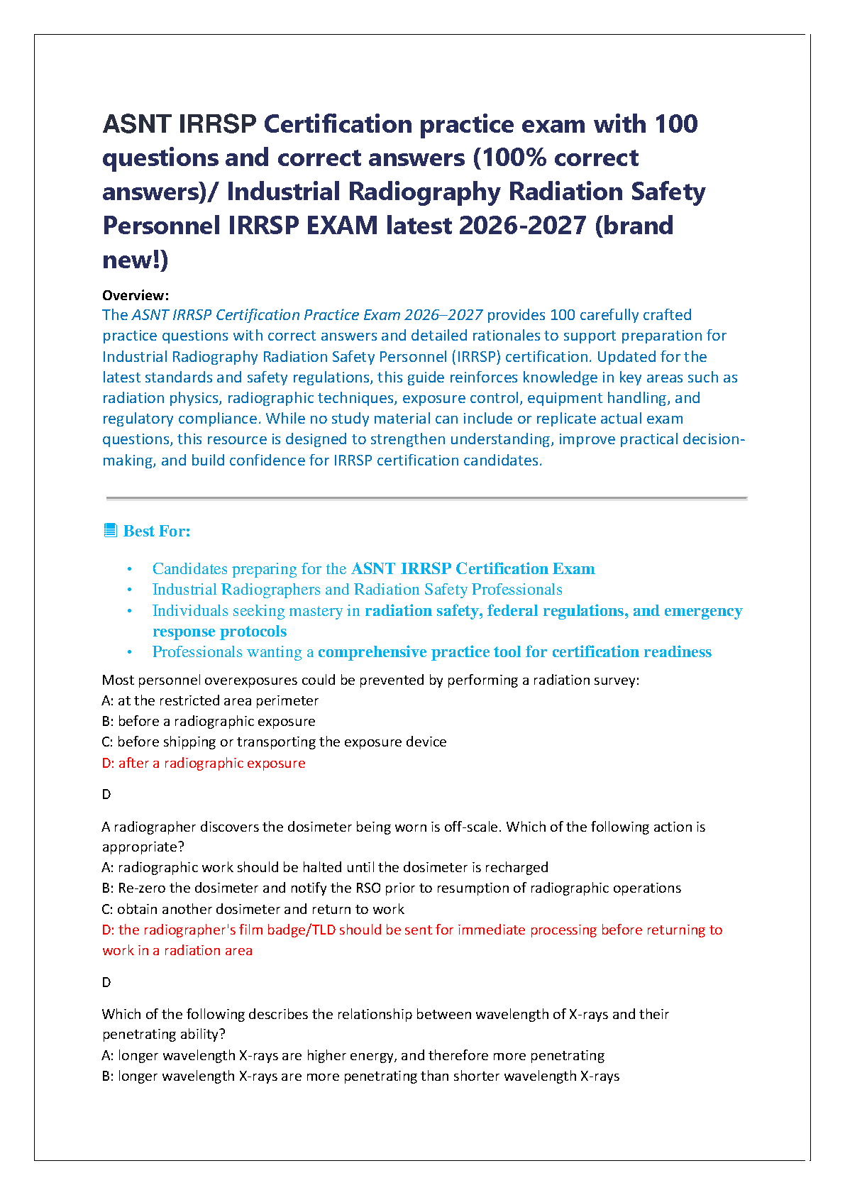 ASNT IRRSP Certification Test Bank 2026-2027: Master the Industrial ...