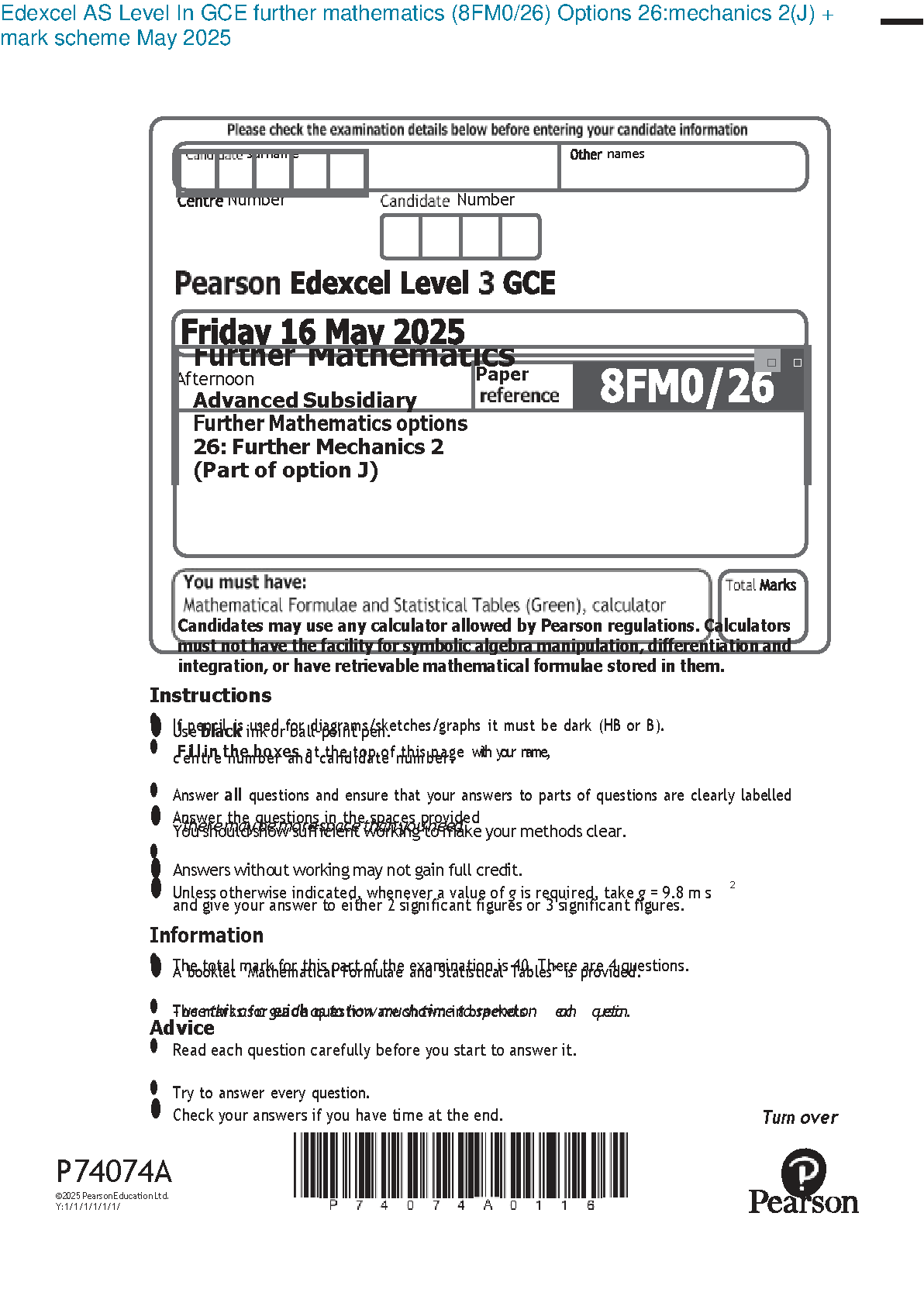 Latest Edexcel AS Level Further Mathematics (8FM0/26) May 2025 Exam ...