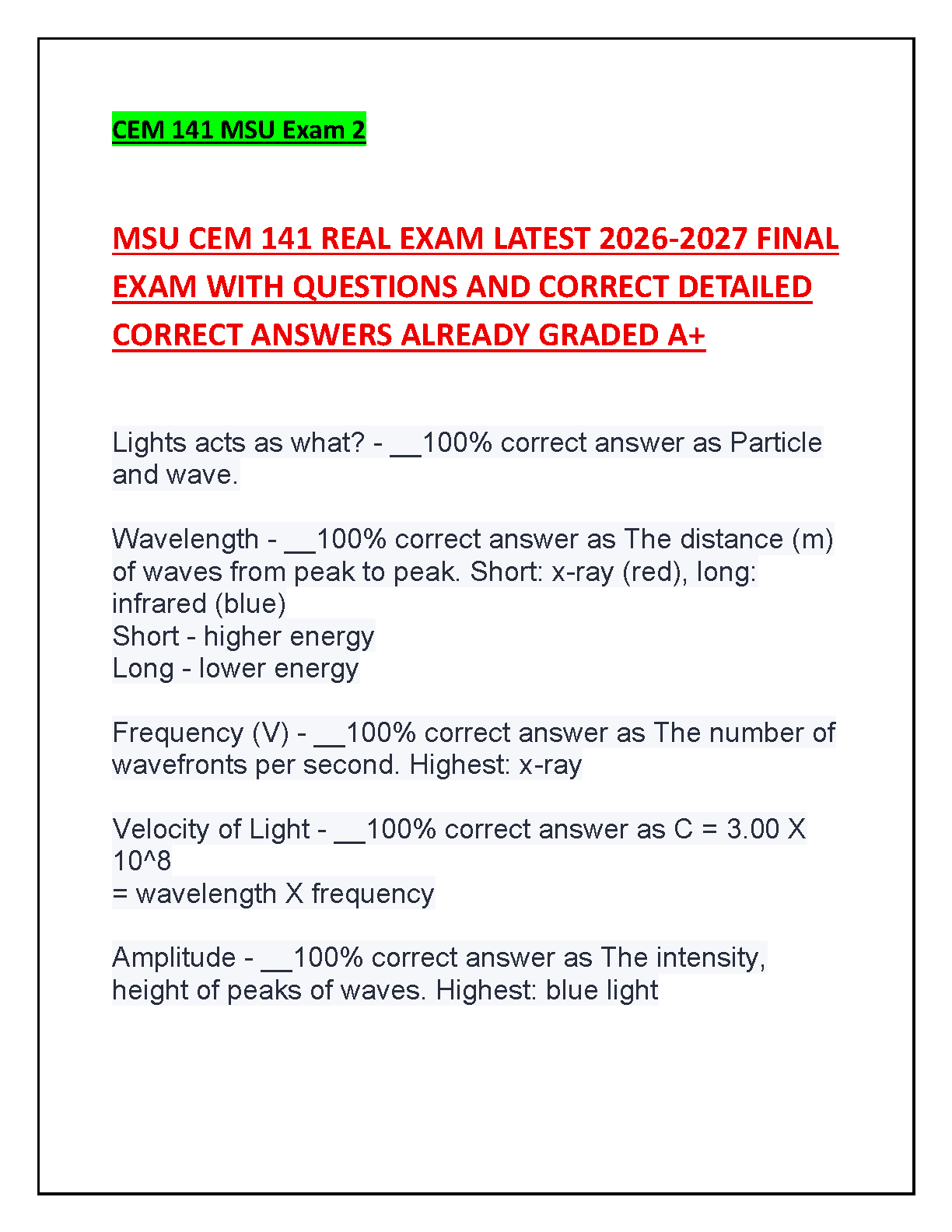 CEM 141 MSU General Chemistry: Exam 2 & Final Exam Test Bank with 100% ...