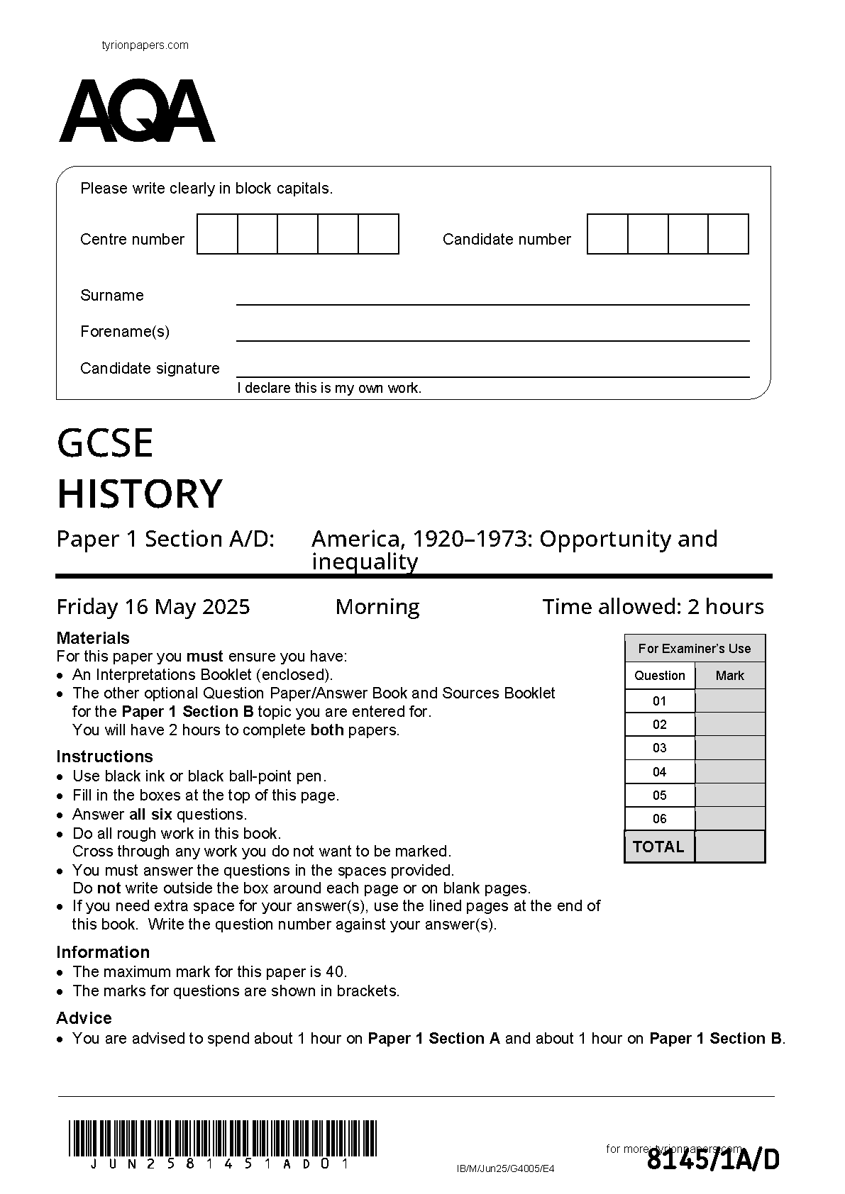 2025 AQA GCSE History Paper 1 (8145/1A/D: Section A/D: America, 1920 ...