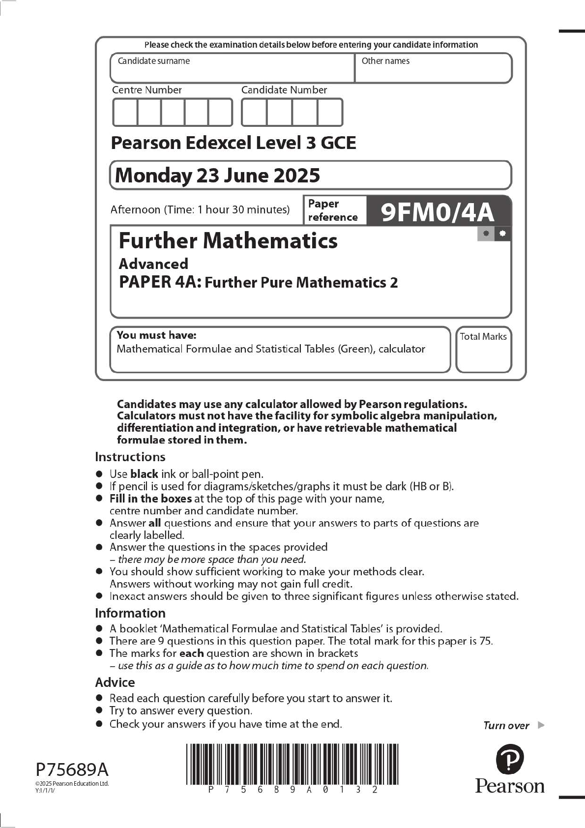 Edexcel A-Level Further Mathematics (9FM0/4A) Paper 4A: Further Pure ...