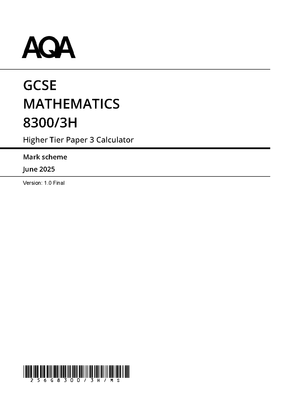 2025 AQA GCSE Mathematics Mark Scheme Paper 3 (8300/3H: Higher Tier ...