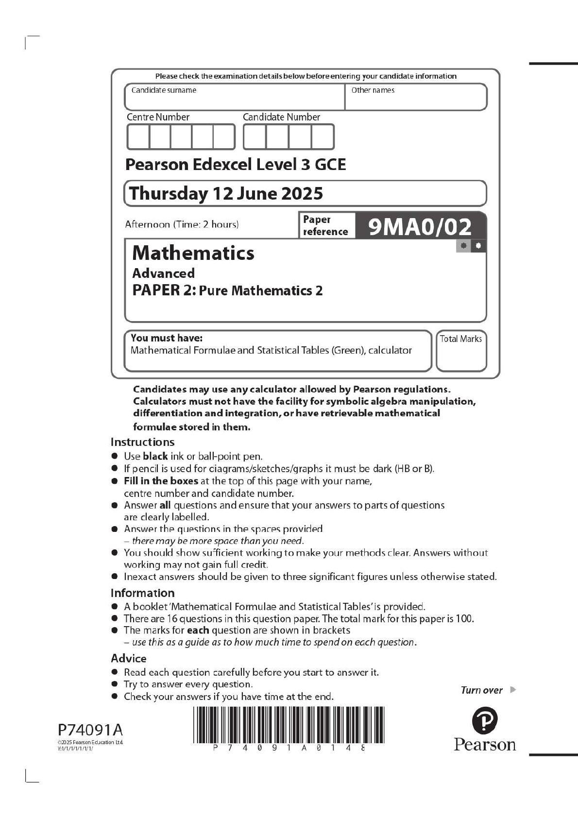 Edexcel A-Level Mathematics (9MA0/02) Paper 2: Pure Mathematics 2, June ...