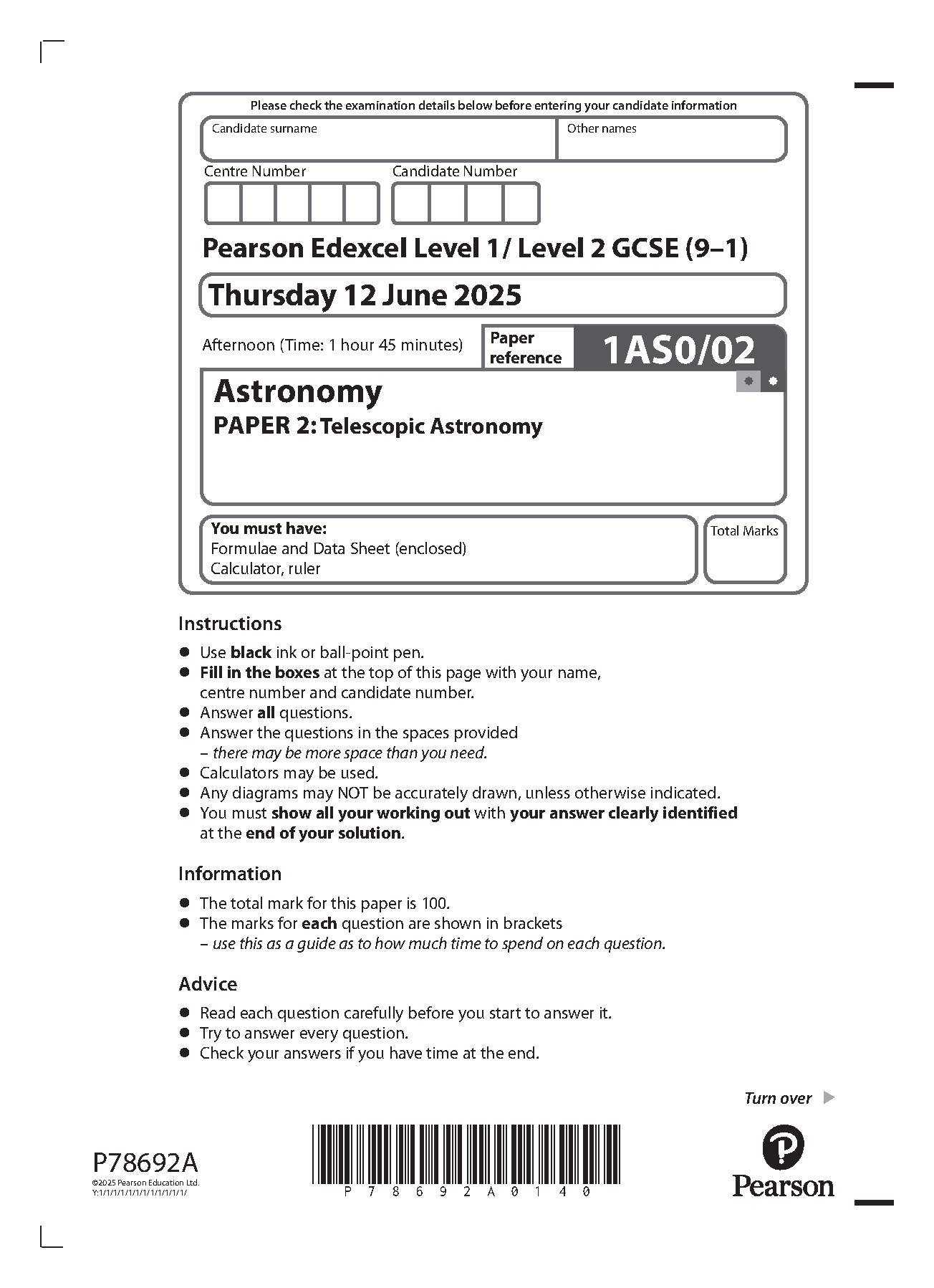 MERGED 2025 Pearson Edexcel GCSE Astronomy Paper 2 Question Paper and ...