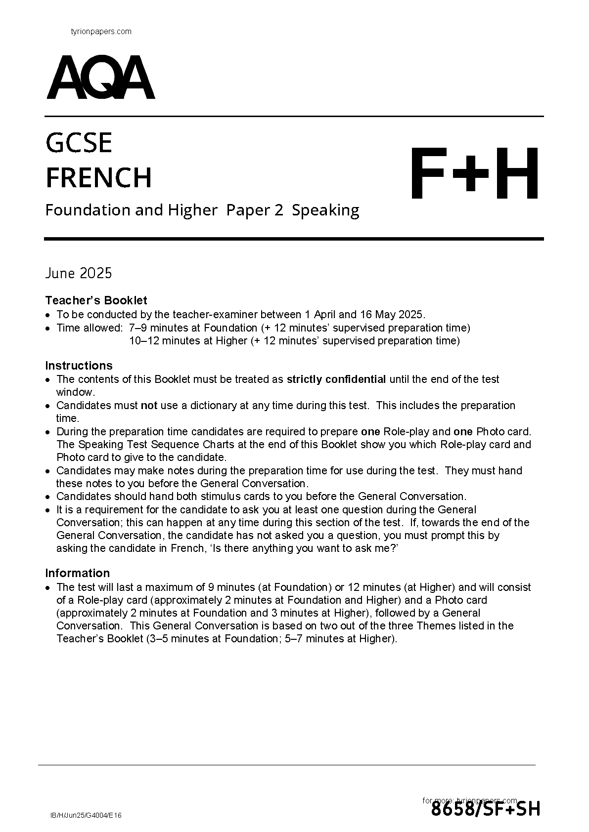 2025 AQA GCSE French Paper 2 (8658/SF+SH: Foundation and Higher Paper 2 ...