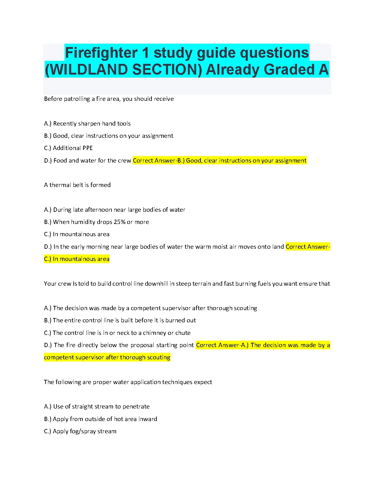 Firefighter 1 study guide questions (WILDLAND SECTION) 2023/2024. GRADED A+