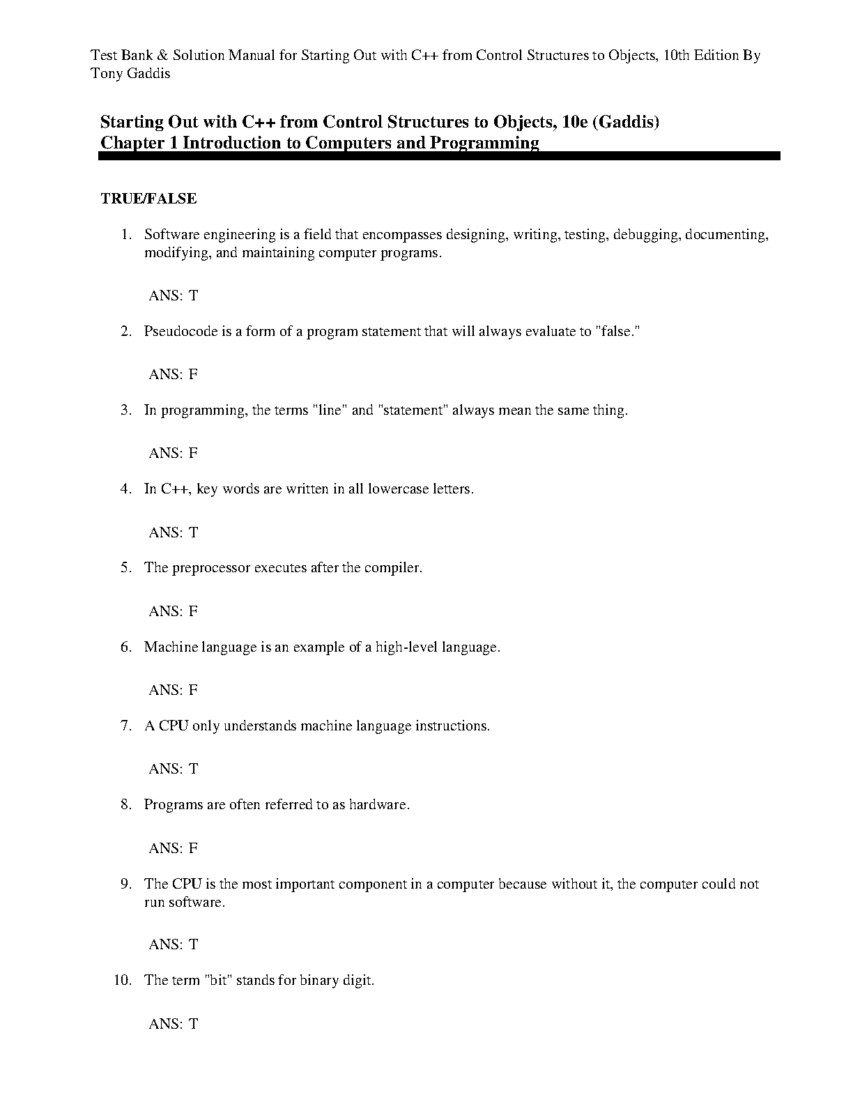 Test Bank for Starting Out with C++: From Control Structures through ...
