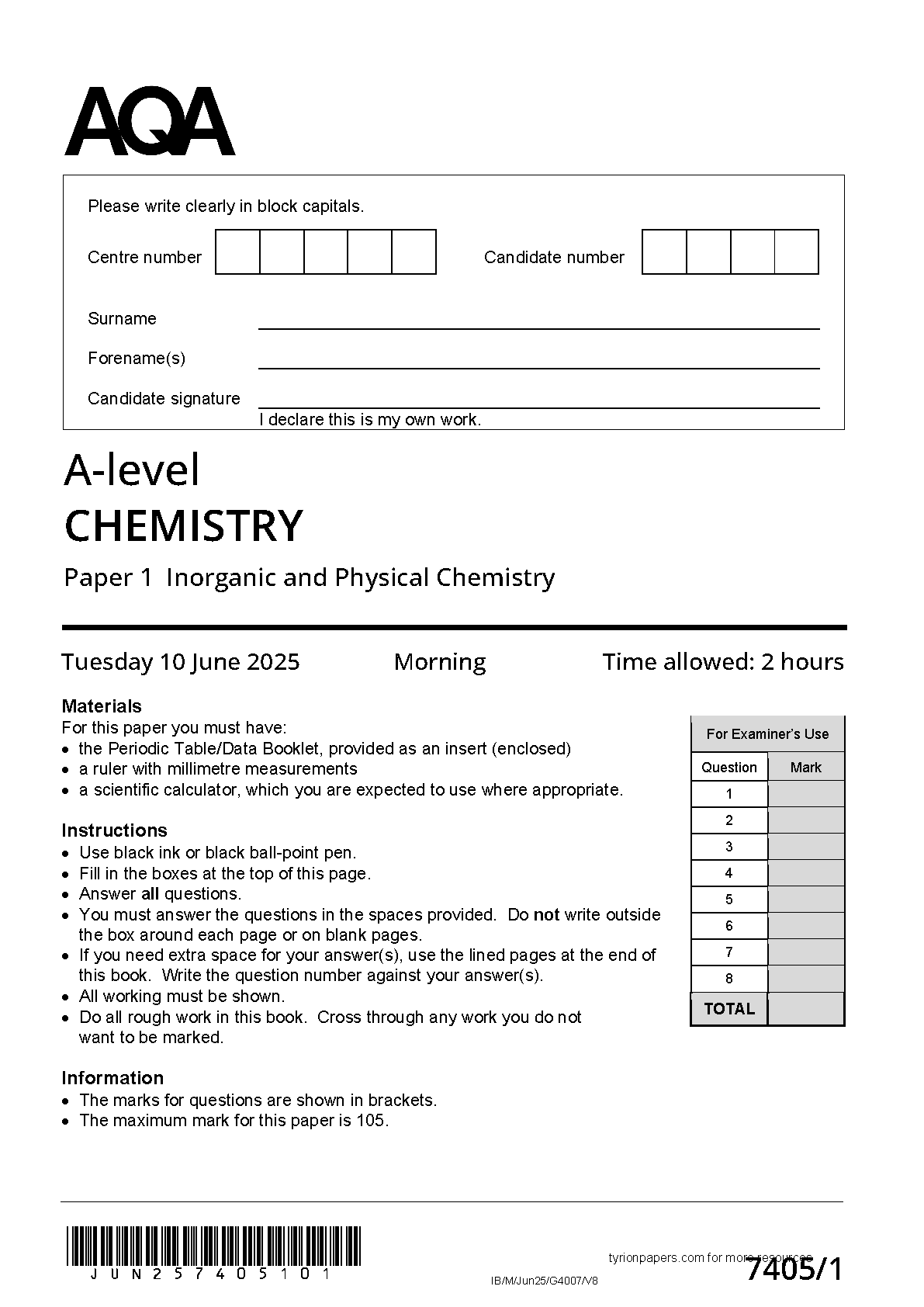 AQA A LEVEL CHEMISTRY PAPER 1 2025