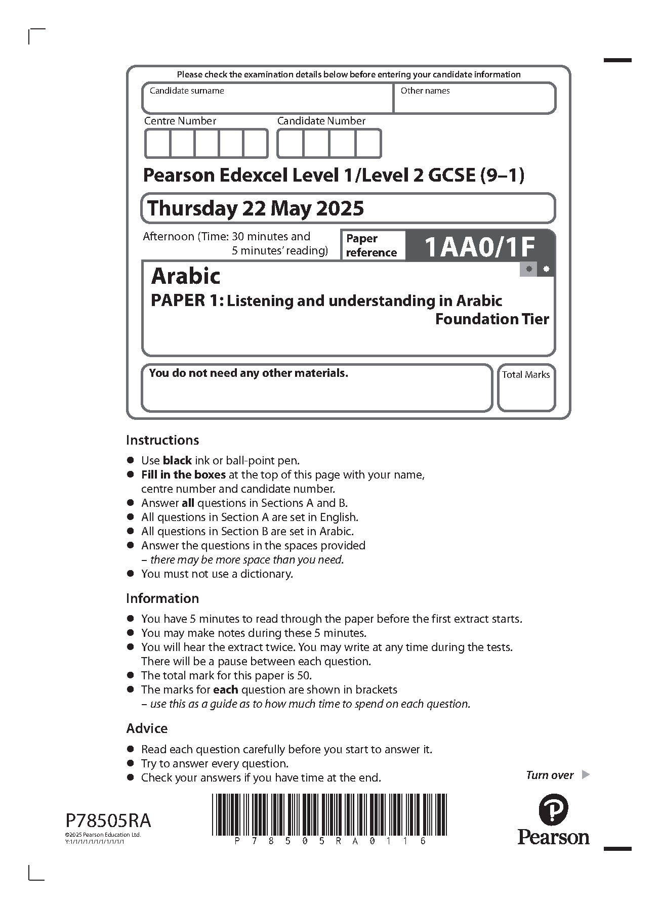 MERGED 2025 Pearson Edexcel GCSE Arabic Paper 1F Question Paper and ...