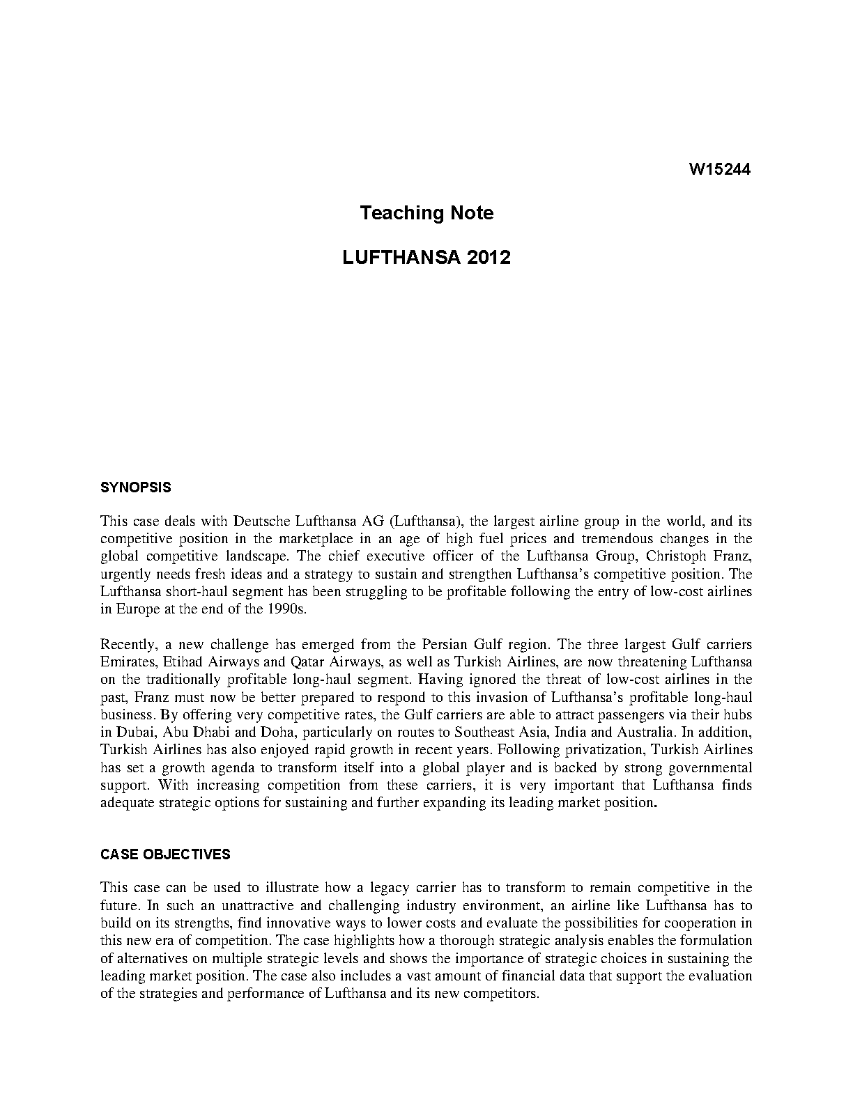 Lufthansa 2012 Case Study by Heike C. Worner: Detailed Notes & Answers ...