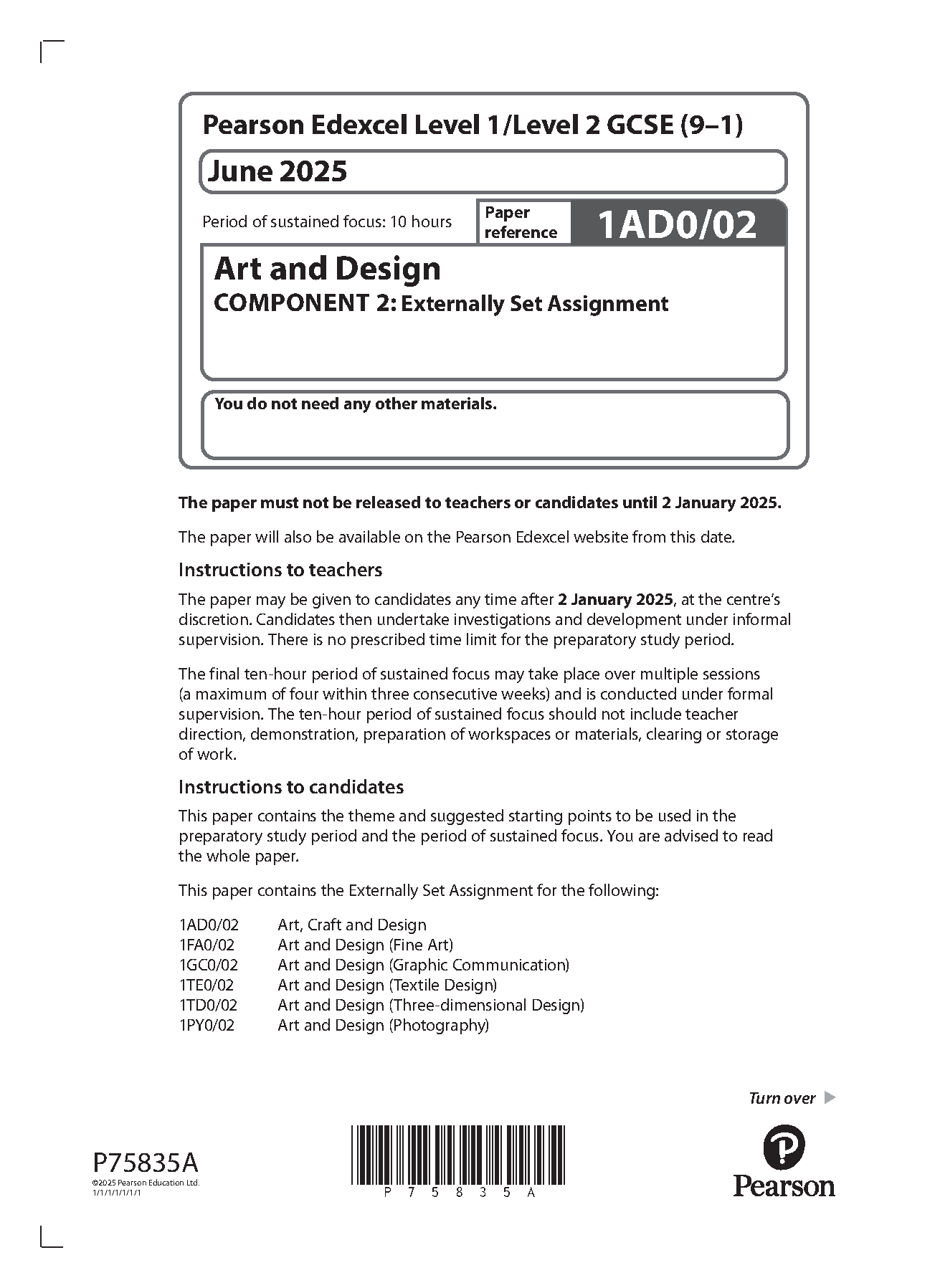 PEARSON EDEXCEL GCSE ART AND DESIGN PAPER 2 2025