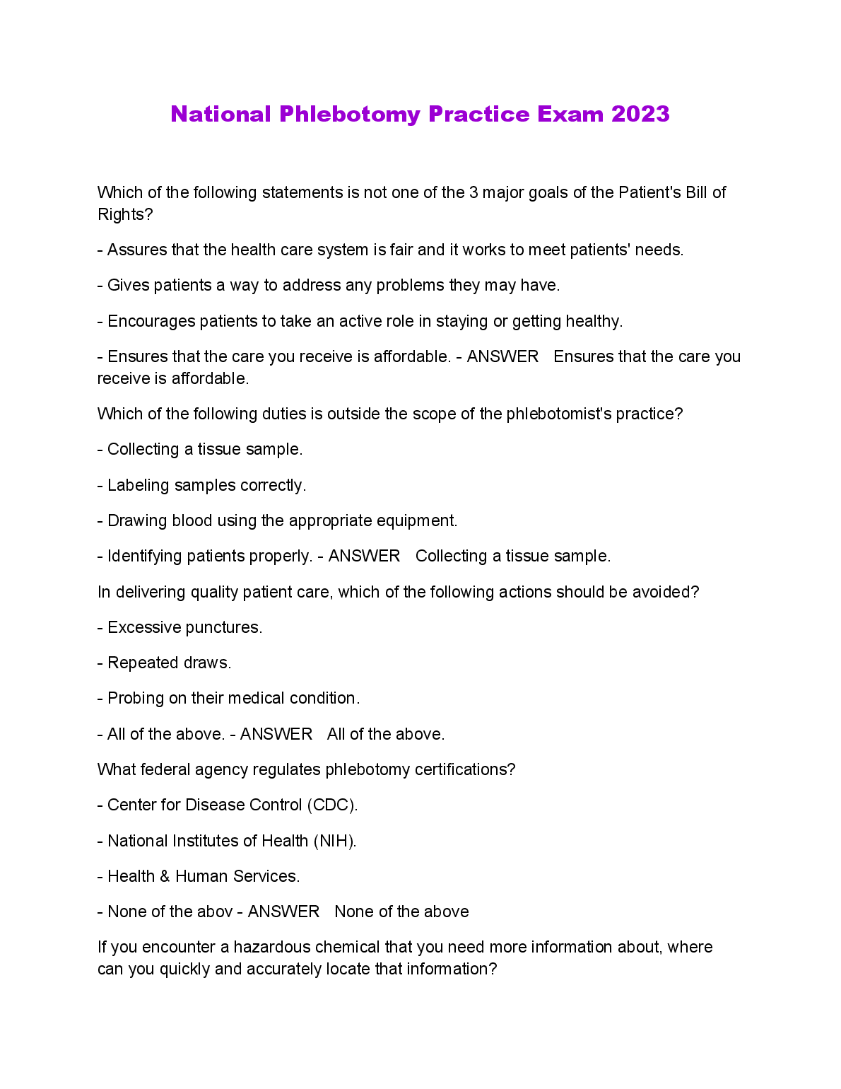 National Phlebotomy Practice Exam 2023