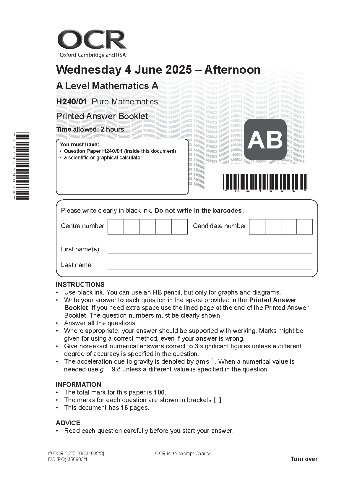 2025 OCR A Level Mathematics A Paper 1 Printed Answer Booklet (H240/01: Pure Mathematics)