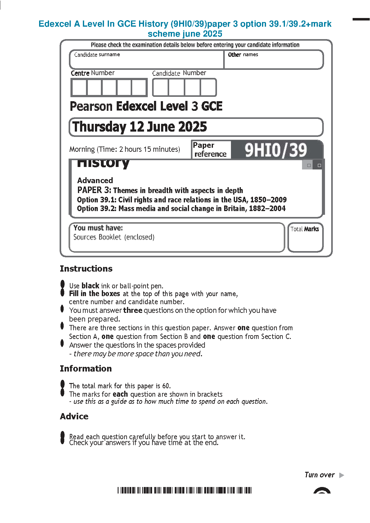 Edexcel A Level History (9HI0/39) Paper 3 June 2025 Question Paper and ...