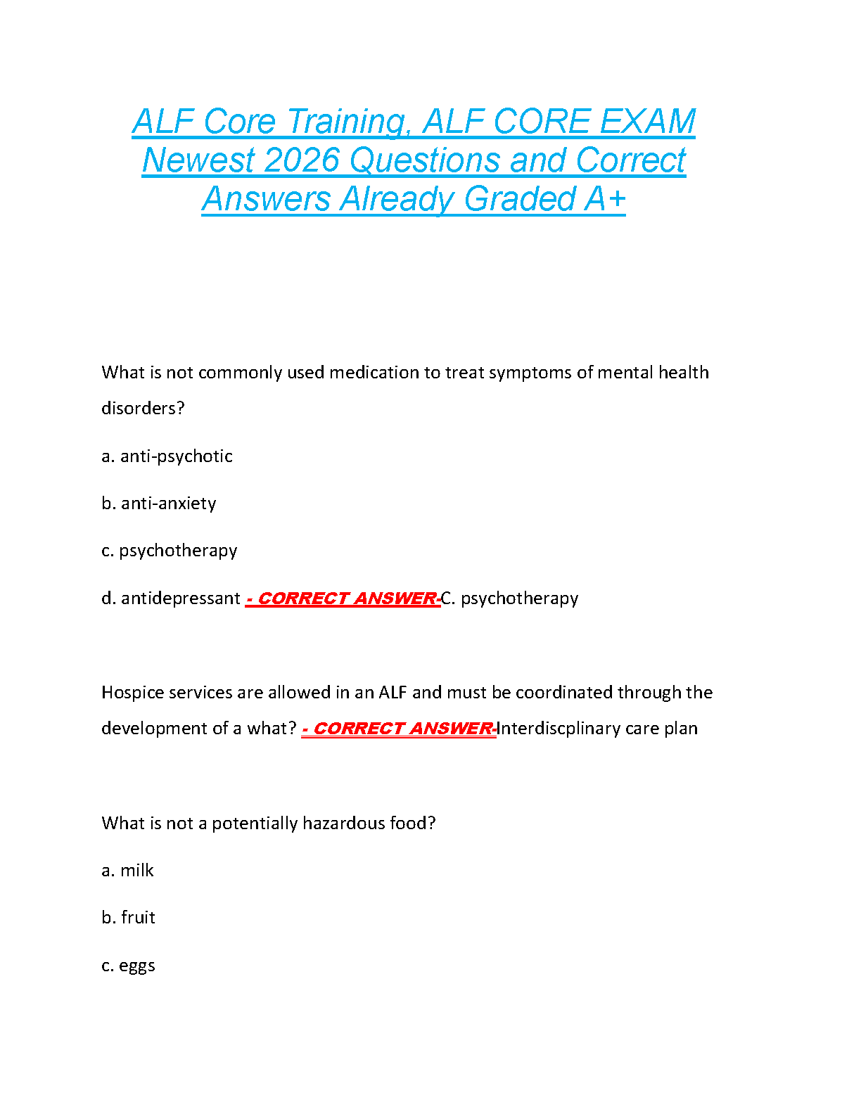ALF Core Training Exam Test Bank 2025-2026: A+ Graded Questions and ...