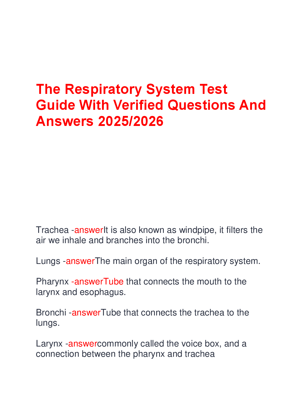 Respiratory System Test Guide With Verified Questions And Answers 2025/ ...