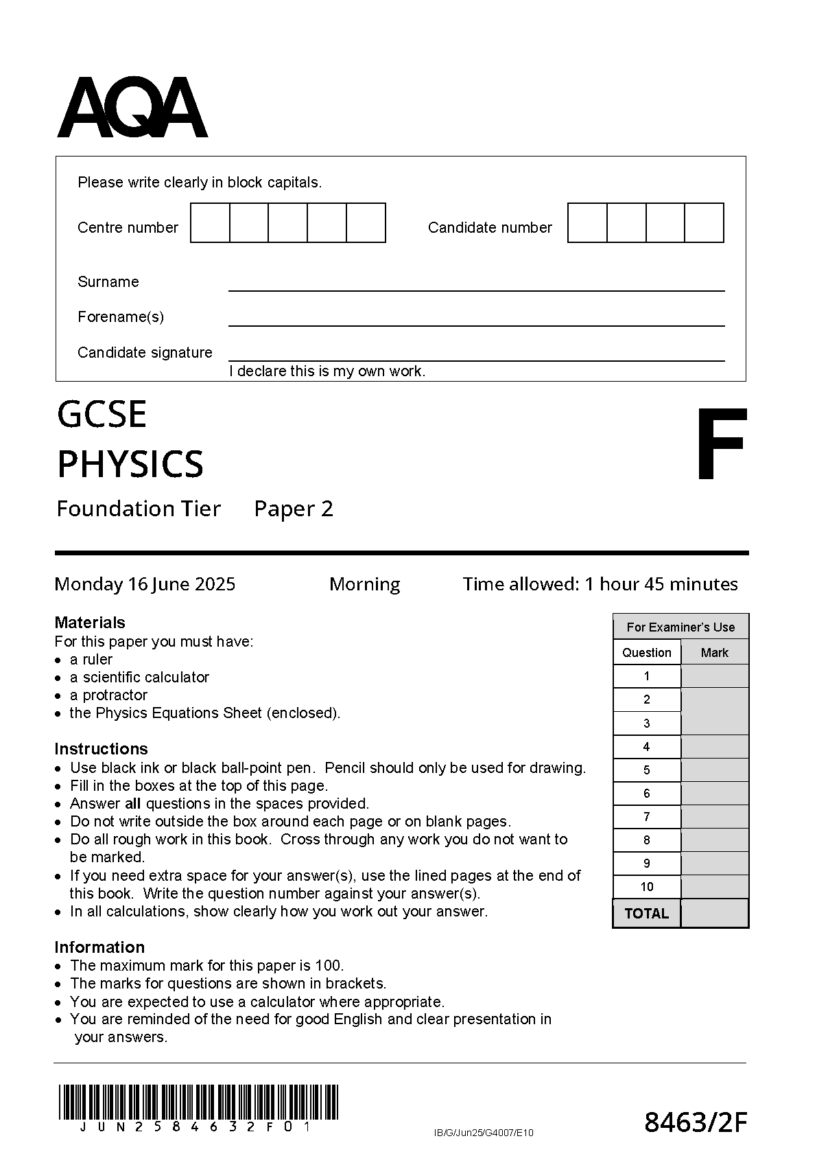 AQA GCSE TRIPLE SCIENCE PHYSICS PAPER 2 2025