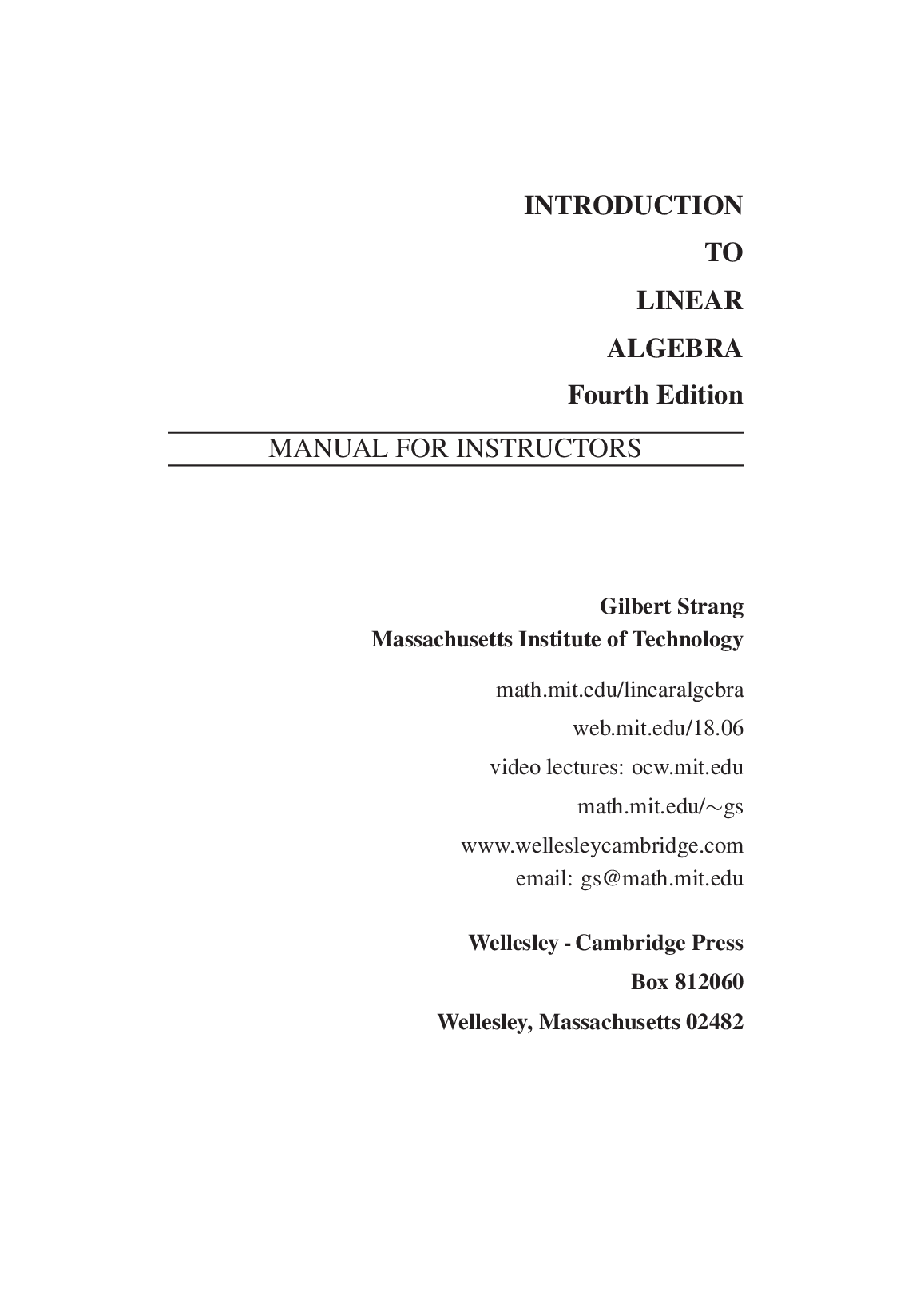 Introduction to Linear Algebra, Fourth Edition by Gilbert Strang ...