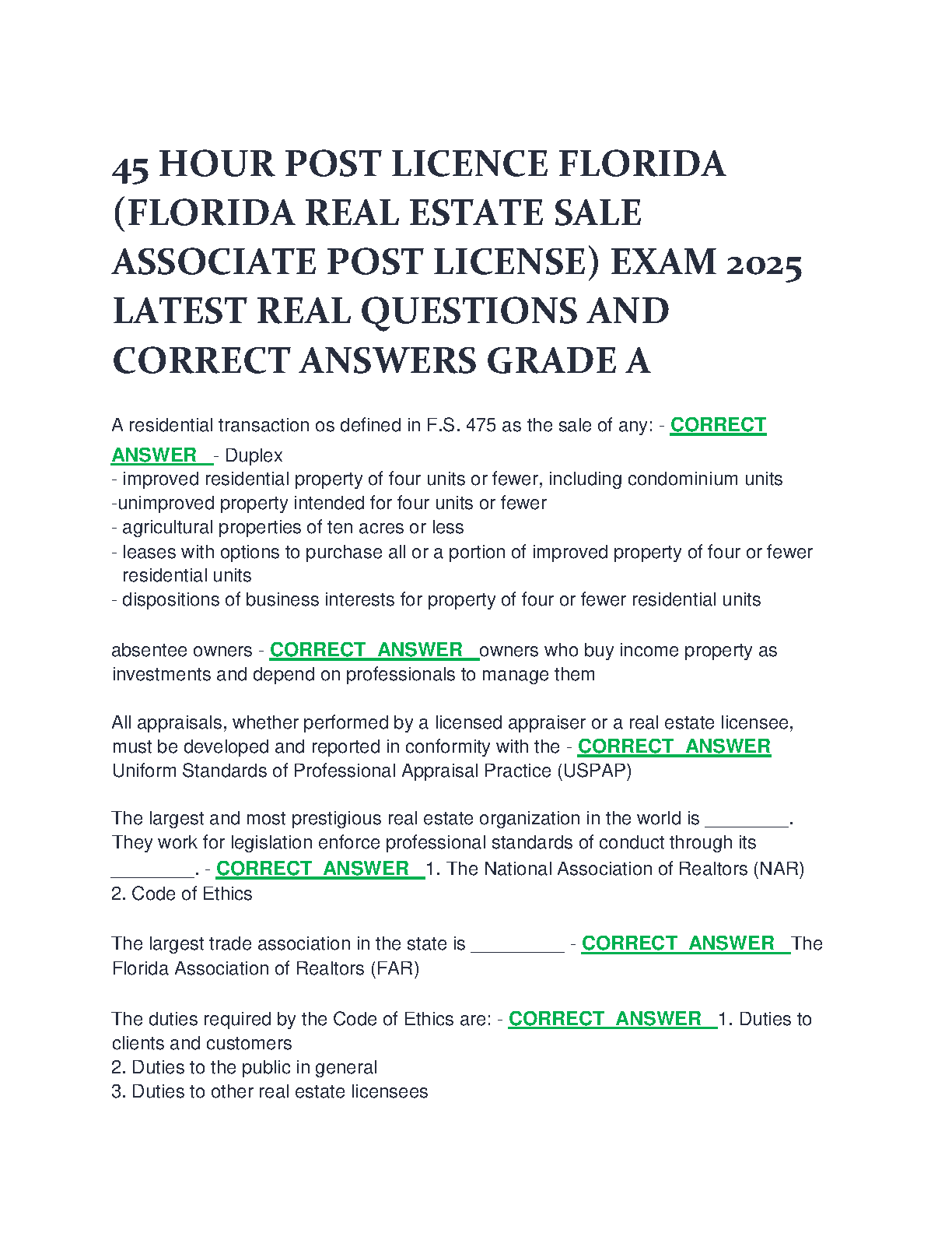 Florida 45-Hour Real Estate Post-License Exam 2025/2026: Complete Test ...