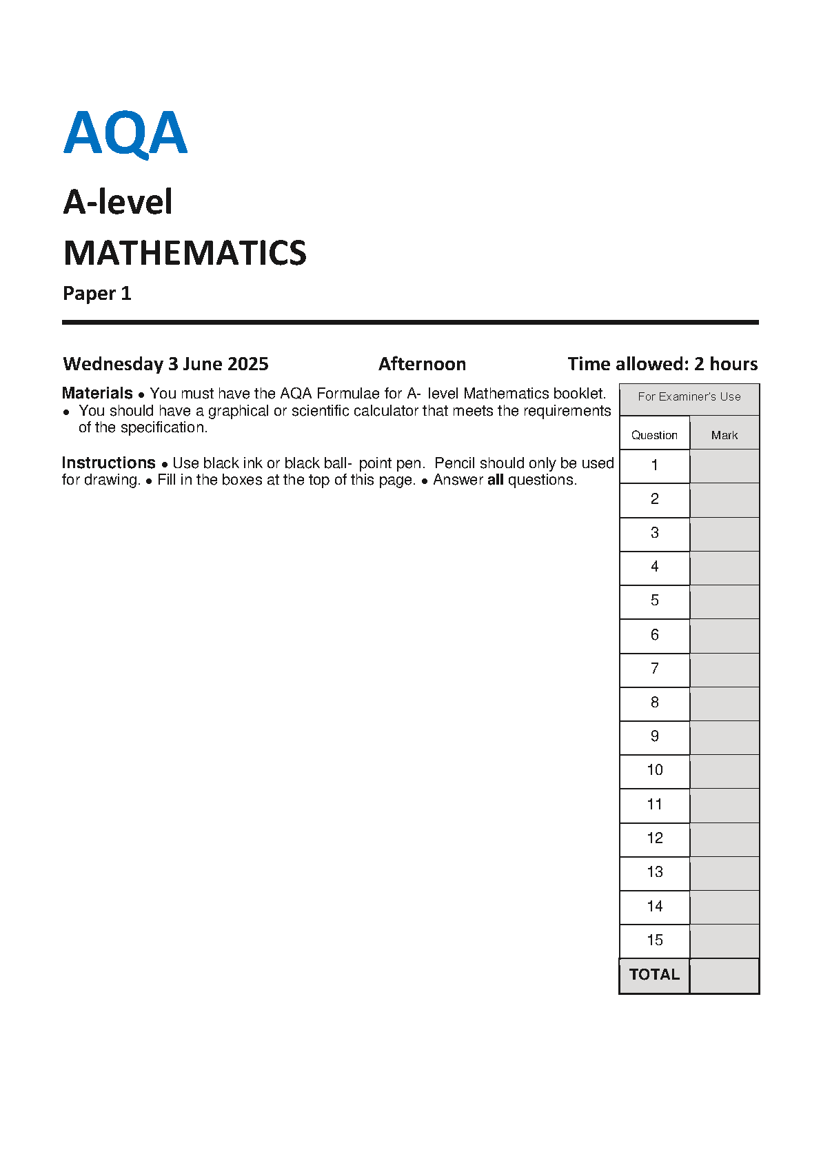 AQA A-Level Mathematics Paper 1 (June 2025) Exam Paper | Latest 2025/ ...