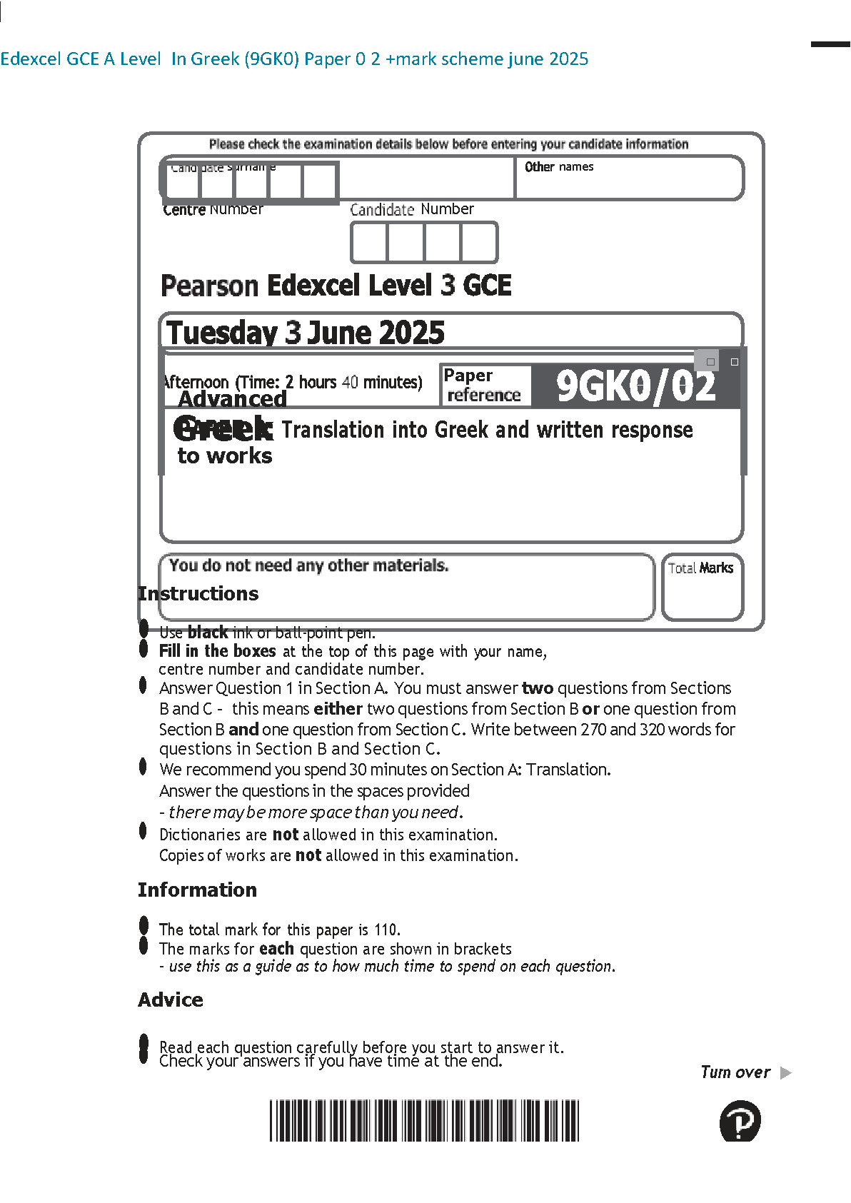 Latest 2025/2026 Edition: Edexcel A-Level Greek Paper 2 (9GK0/02) June ...